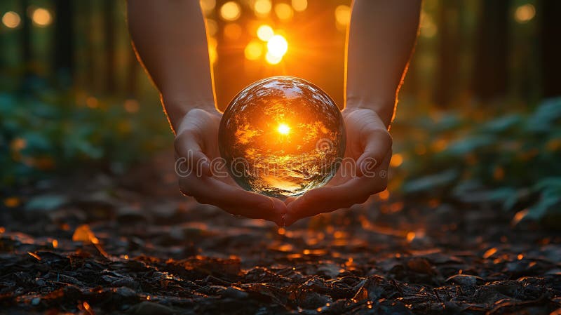 Hands Holding Crystal Ball with Sunset Reflection in Forest Stock ...