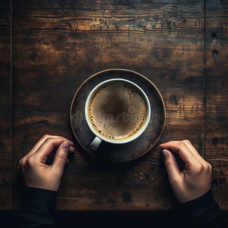 Top Down View of Hands Holding a Cup of Coffee on the Table Stock Image ...