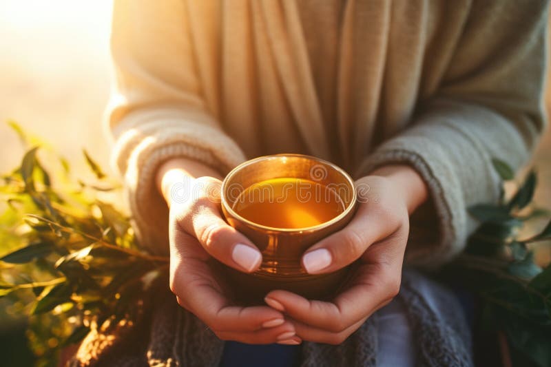 Hands Holding a Cup of Herbal Tea Under Sunlight Stock Image - Image of ...