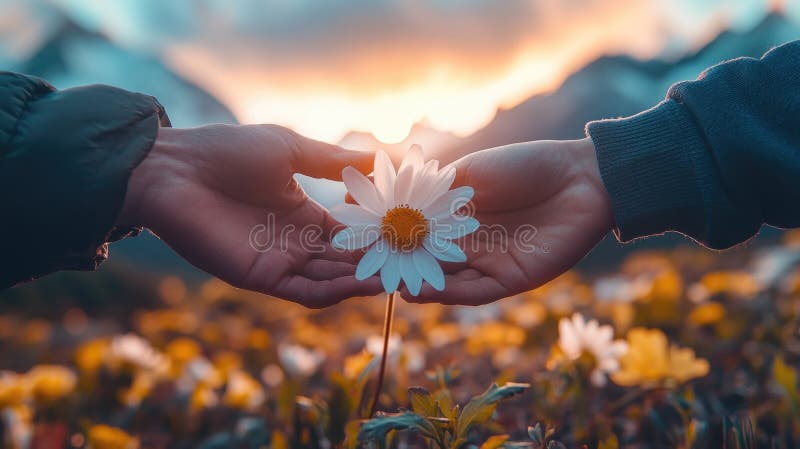 Hands Holding Daisy at Sunset in Mountain Meadow Stock Image - Image of ...