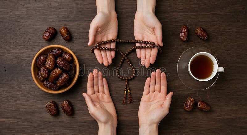 Hands Holding Dates and Prayer Beads with Tea Cups on Table. AI ...