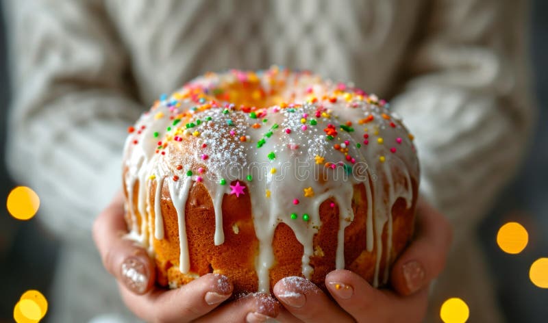 Hands Holding Decorated Easter Cake Kulich with Icing and Colored ...