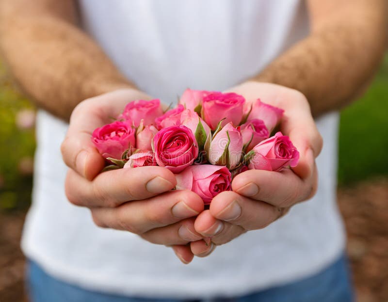 Hands Holding a Delicate Bouquet of Pink Roses Stock Illustration ...