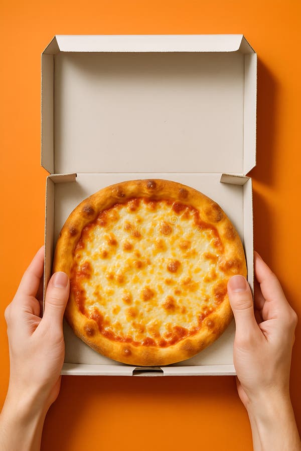 Overhead Shot of a Cheese Pizza in an Open White Cardboard Box Held by ...