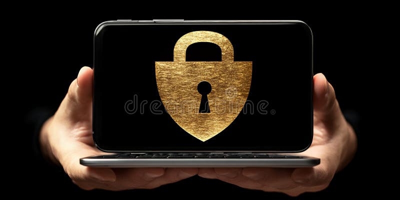 Hands Holding a Device with a Gold Padlock Icon Stock Illustration ...