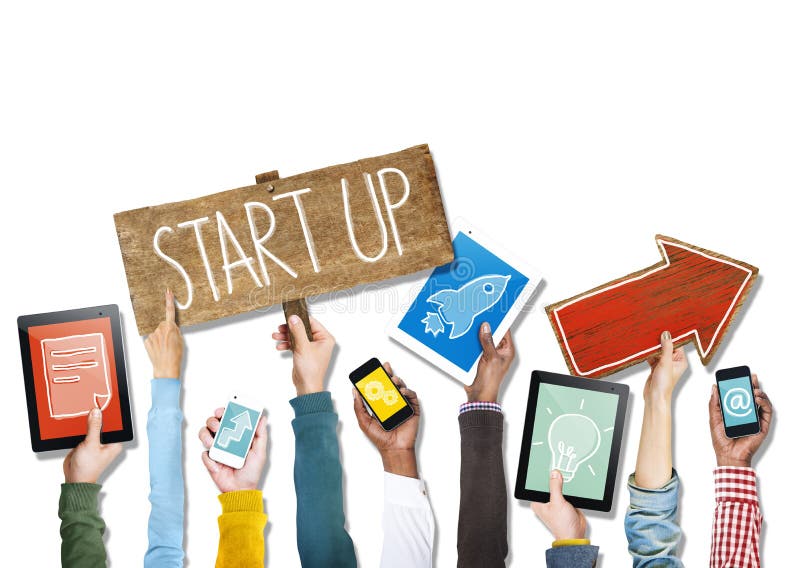Hands Holding Devices and Start Up Symbols Stock Image - Image of ...