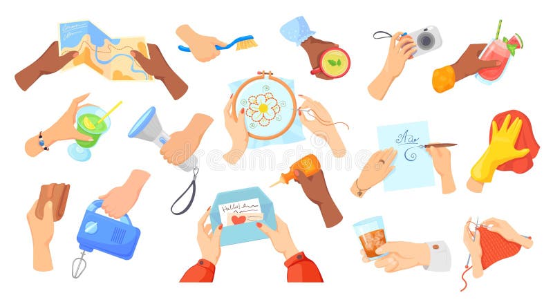 Hands Holding Different Objects. Cartoon Hand Hold Gesture Diverse ...