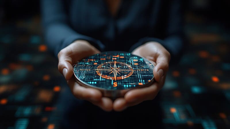 Hands Holding Digital Compass, Futuristic Interface, Business Concept ...