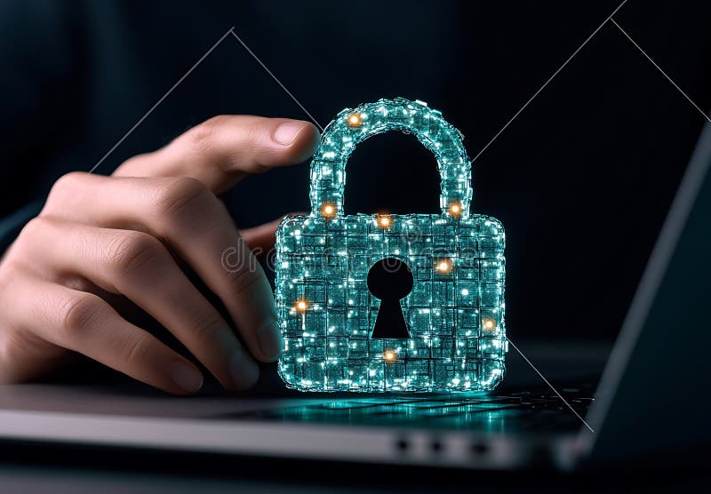Hands Holding Digital Glowing Lock on Laptop Stock Illustration ...