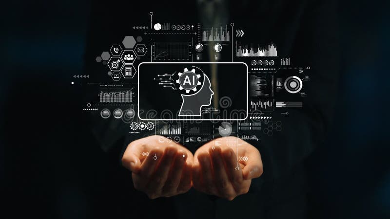 Hands Holding Digital Interface with Artificial Intelligence Concepts and Data Analytics in ...