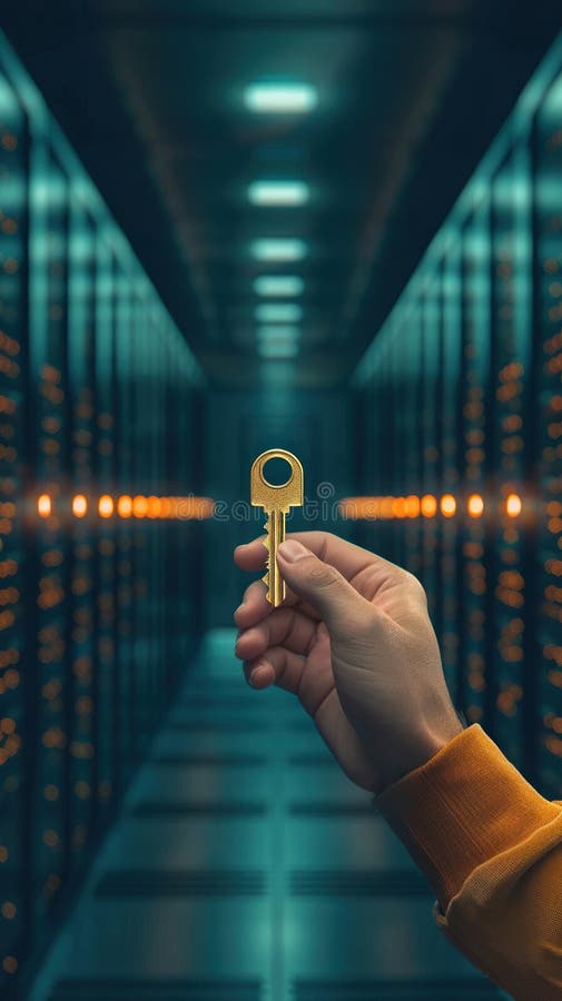 Hands Holding a Digital Key with Cloud Servers in the Background ...