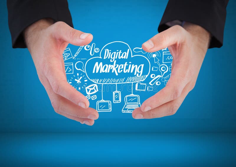 Hands Holding Digital Marketing Text with Drawings Graphics Stock ...