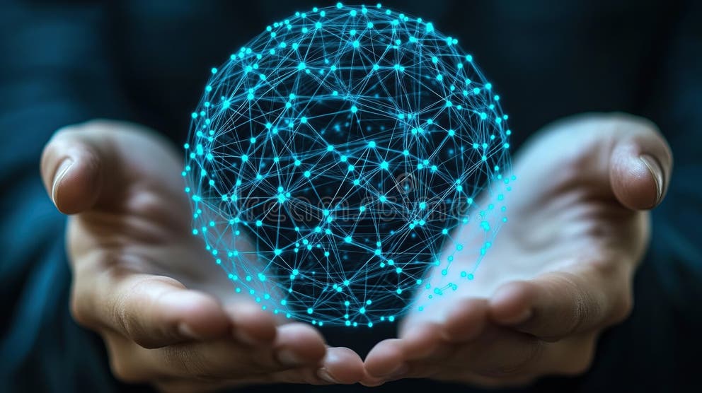 Hands Holding Digital Network Sphere, Indoor Stock Illustration ...