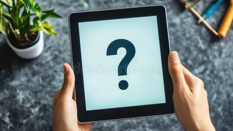 Hands Holding Digital Tablet Showing Question Mark on Screen Stock ...