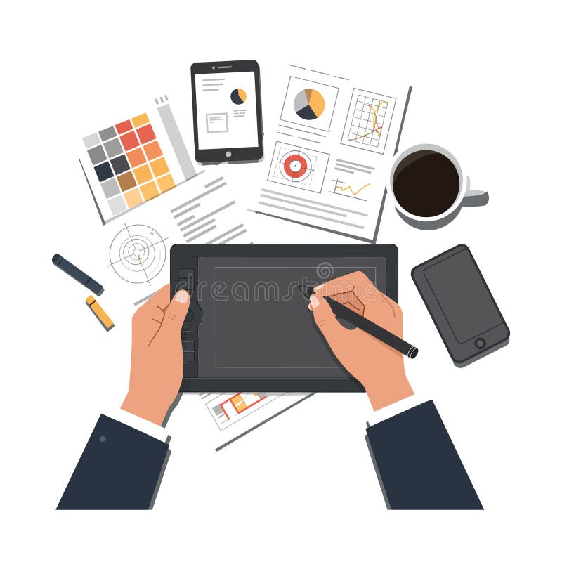 Hands Holding a Digital Tablet Sketching Designs with Various Tools and ...