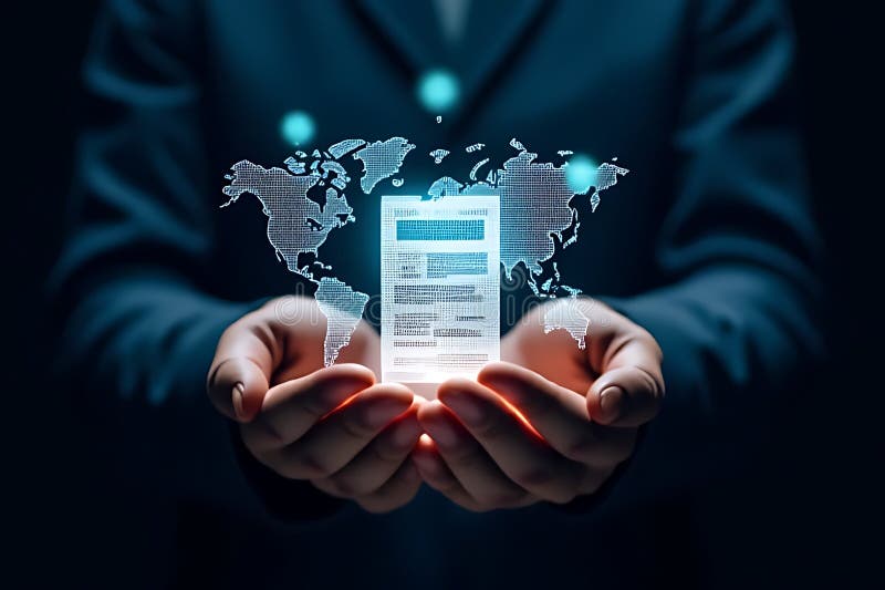 Hands Holding a Document with a World Map Backdrop Representing Global ...