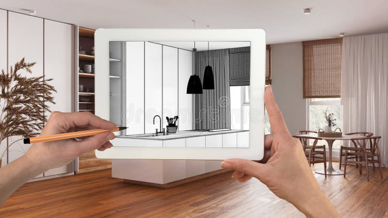 Hands Holding and Drawing on Tablet Showing Minimal White and Wooden ... Hands Holding and Drawing on Tablet Showing Minimal White and Wooden ...