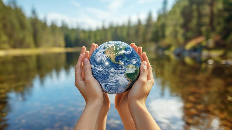 Hands Holding Earth Above Calm Lake in Forested Setting. Earth Day ...