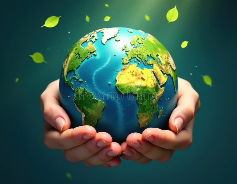 Hands Holding Earth Globe with Green Leaves Stock Illustration ...