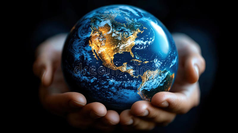 Hands Holding Earth Globe, Night View, Caring for Planet Stock ...