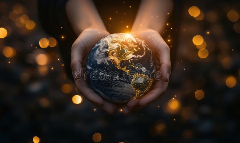 Hands Holding Earth with Glowing Lights Representing Global Connection ...