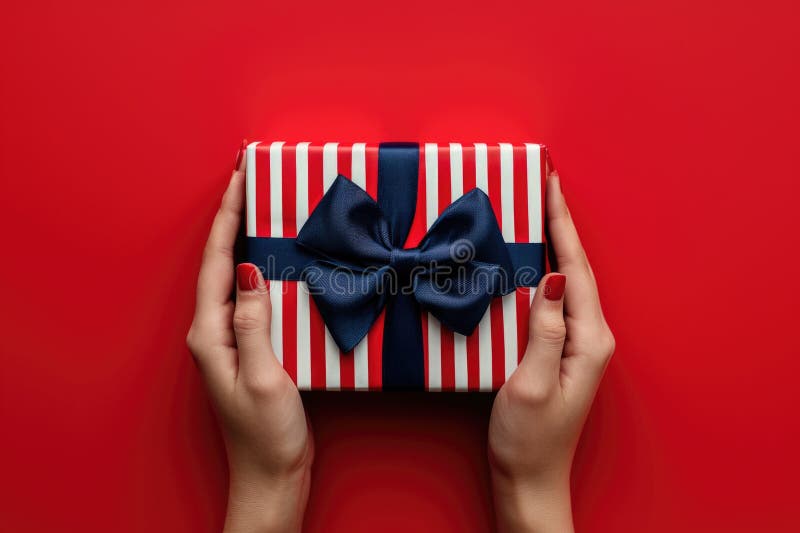 Hands Holding an Elegantly Wrapped Present with Striped Red and White ...