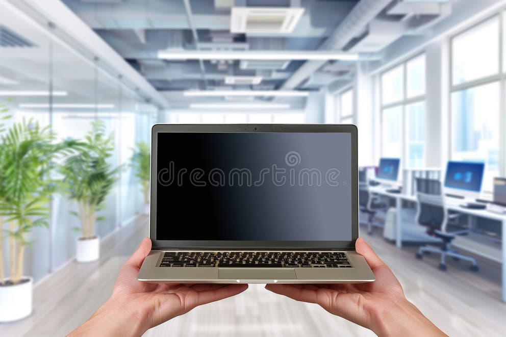 Two Hands Holding Computer Laptop with Modern Office Space in ...