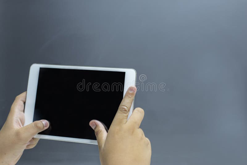 Hands Holding an Empty Tablet. on Gray Background Stock Image - Image ...