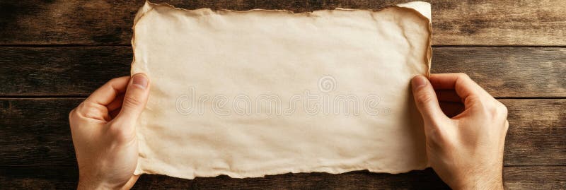 Hands Holding an Empty Vintage Parchment on a Wooden Table in Soft ...
