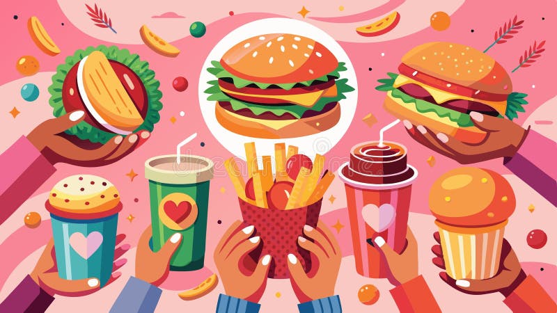 Hands Holding Fast Food on Pink Background. Tasty. Stock Vector ...