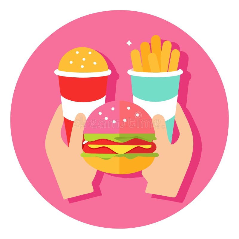 Hands Holding Fast Food on Pink Background. Tasty. Stock Vector ...