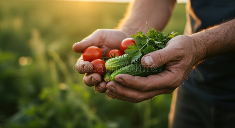 Hands Holding Freshly Picked Vegetables in a Sunlit Garden Stock Photo ...