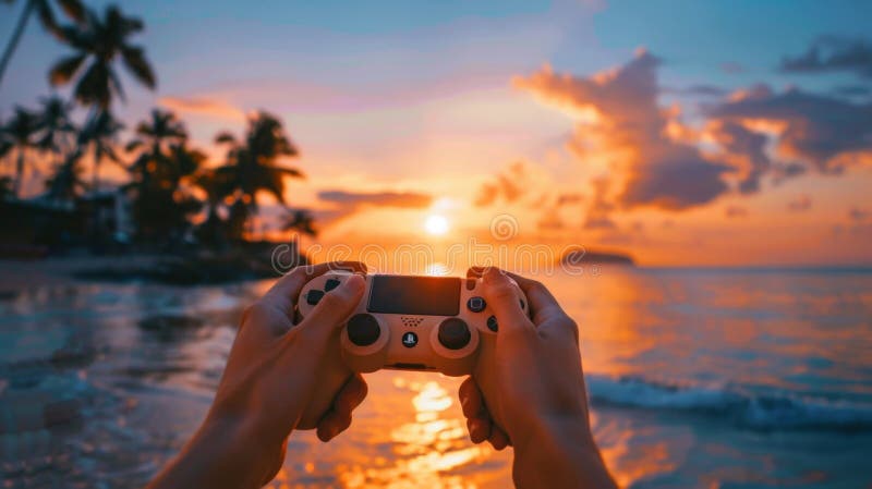 Hands Holding Game Controller at Tropical Beach Sunset Stock Image ...