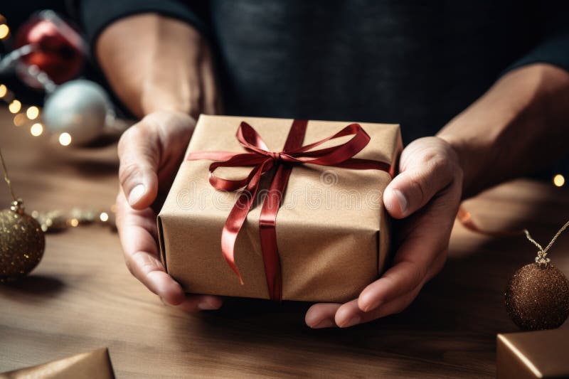Hands Holding a Gift on a Table, Ready for Giving Stock Illustration ...