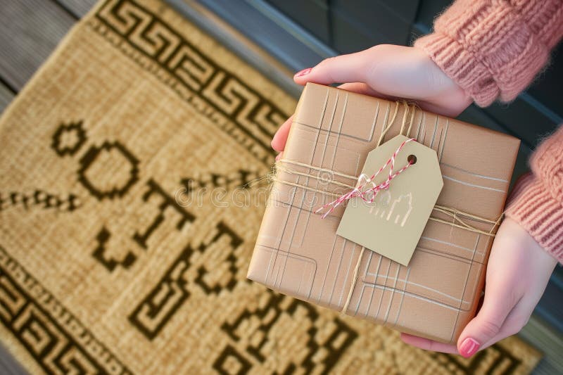 Hands Holding a Gift with a Tag, Over a Welcome Mat Stock Image - Image ...