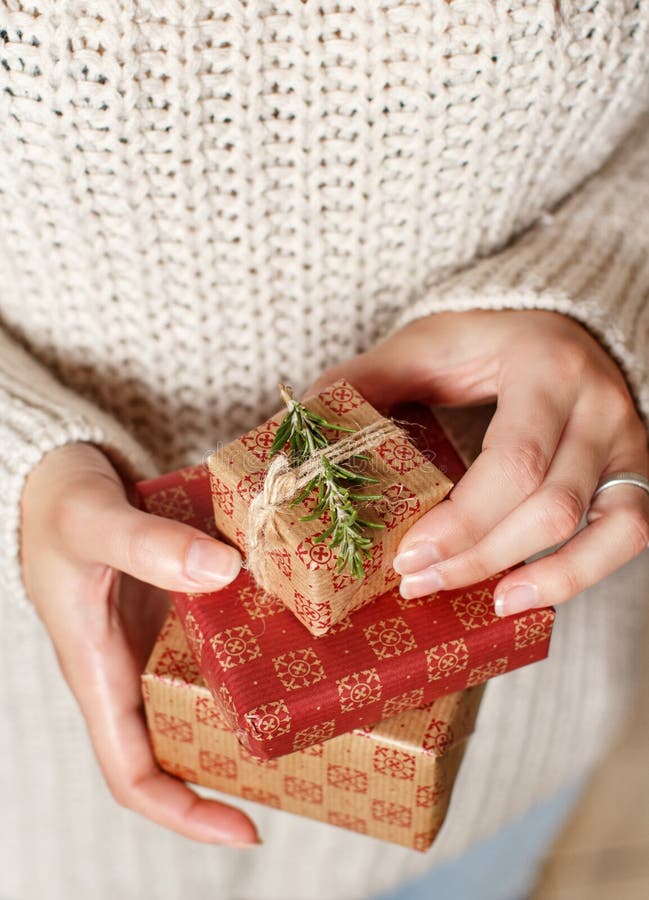 Hands Holding Gifts Boxes Close Up Stock Image - Image of season, ecru ...