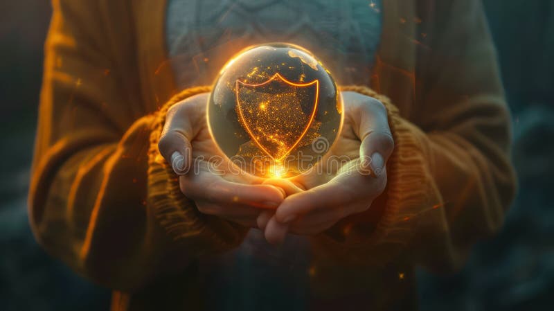 Hands Holding a Globe with a Glowing Shield Around it, Symbolizing ...