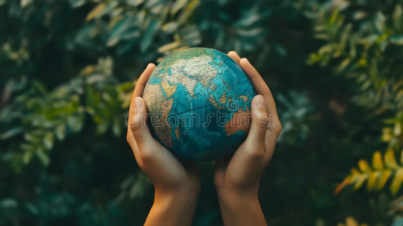 Hands Holding Globe on Green Nature Forest Background Stock ...