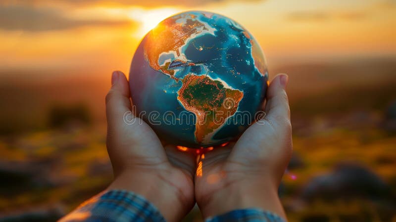 Hands Holding a Globe during Sunset, Symbolizing Environmental ...