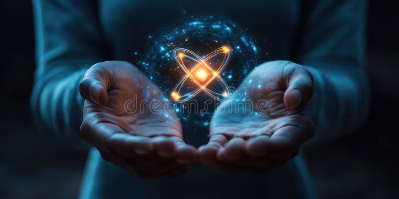 Hands Holding Glowing Atom Symbolizing Energy and Scientific Discovery ...