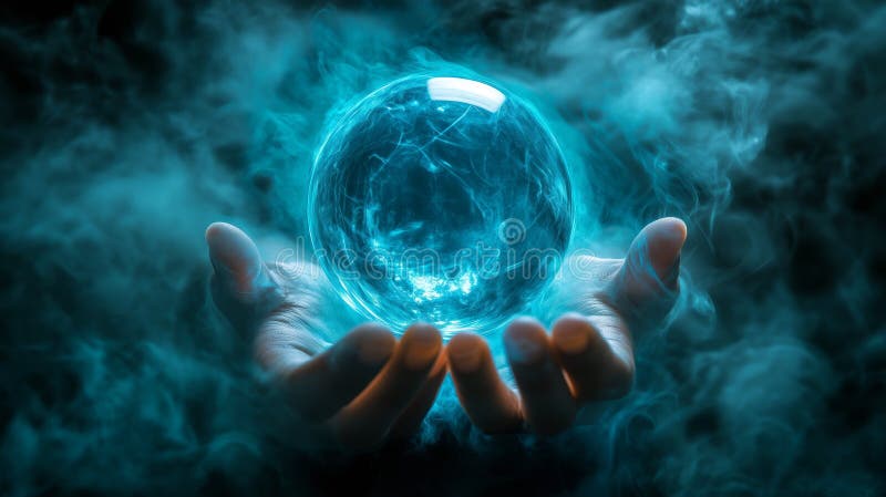 Hands Holding a Glowing Blue Crystal Ball with Mystical Smoke Stock ...
