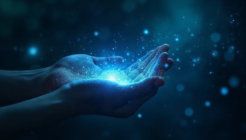 Hands Holding Glowing Blue Light in Dark Ethereal Background ...