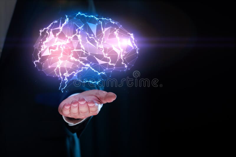 Hands Holding Glowing Brain, Mind Concept Stock Illustration ...