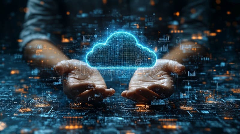 Hands Holding a Glowing Cloud with Digital Icons Representing Cloud Computing Services and Data ...