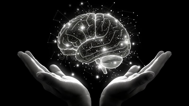 Hands Holding Glowing Digital Brain Stock Illustration - Illustration ...