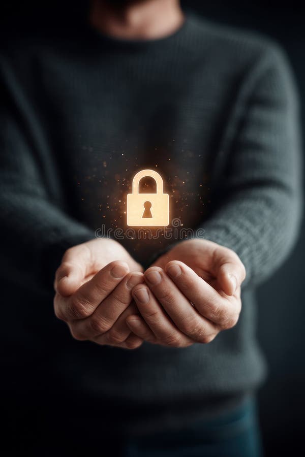 Hands Holding a Glowing Digital Lock Icon Stock Illustration ...