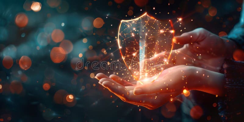 Hands Holding a Glowing Digital Shield Symbol Representing ...