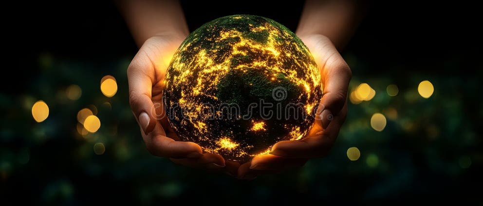 Hands Holding Glowing Earth with Sparkling Lights in Darkness Stock ...