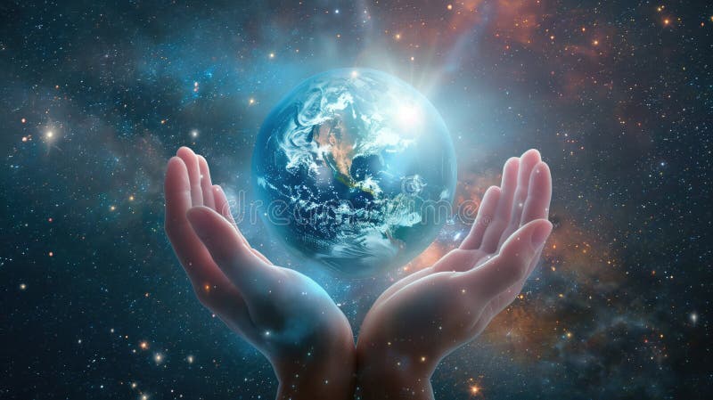 Hands Holding a Glowing Earth with Stars and Galaxies in the Background ...