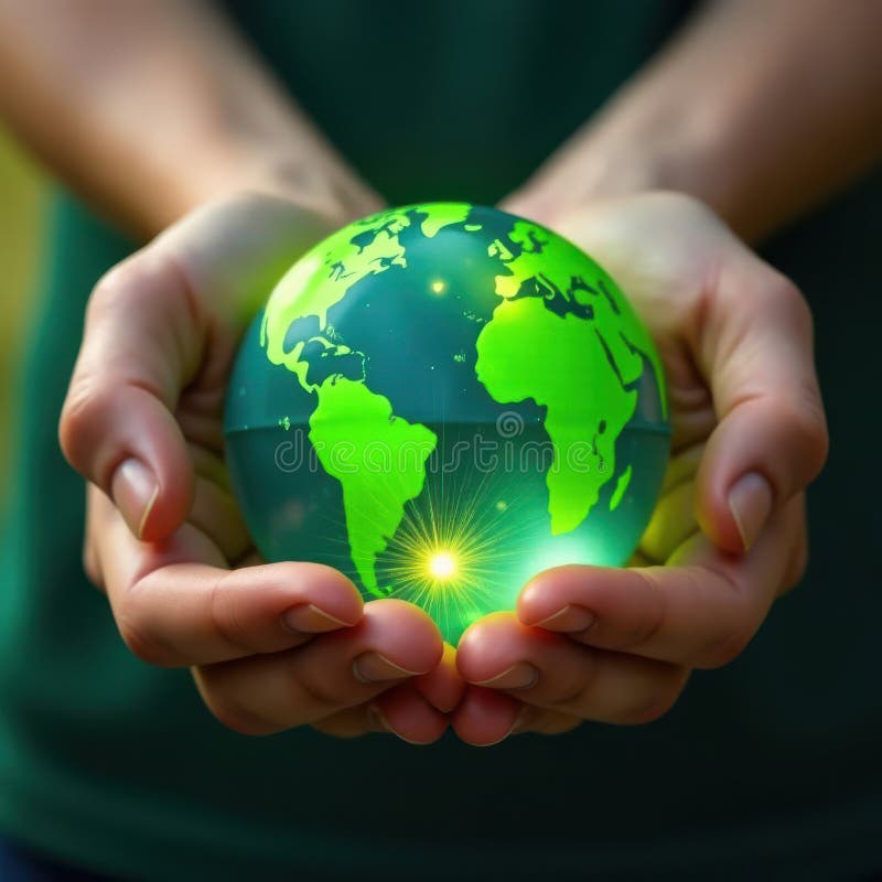 Hands Holding a Glowing Green Globe Symbolizing Environmental Care and ...